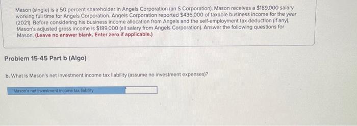 Solved Mason (single) is a 50 percent shareholder in Angels | Chegg.com