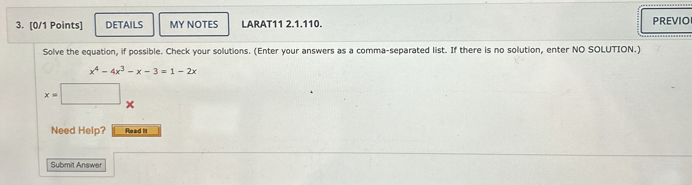 Solved [0/1 ﻿Points]LARAT11 2.1.110.Solve the equation, if | Chegg.com