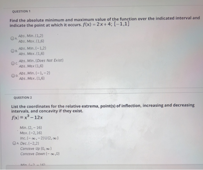 Solved QUESTION 1 Find the absolute minimum and maximum | Chegg.com