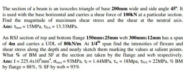 Solved The section of a beam is an isosceles triangle of | Chegg.com