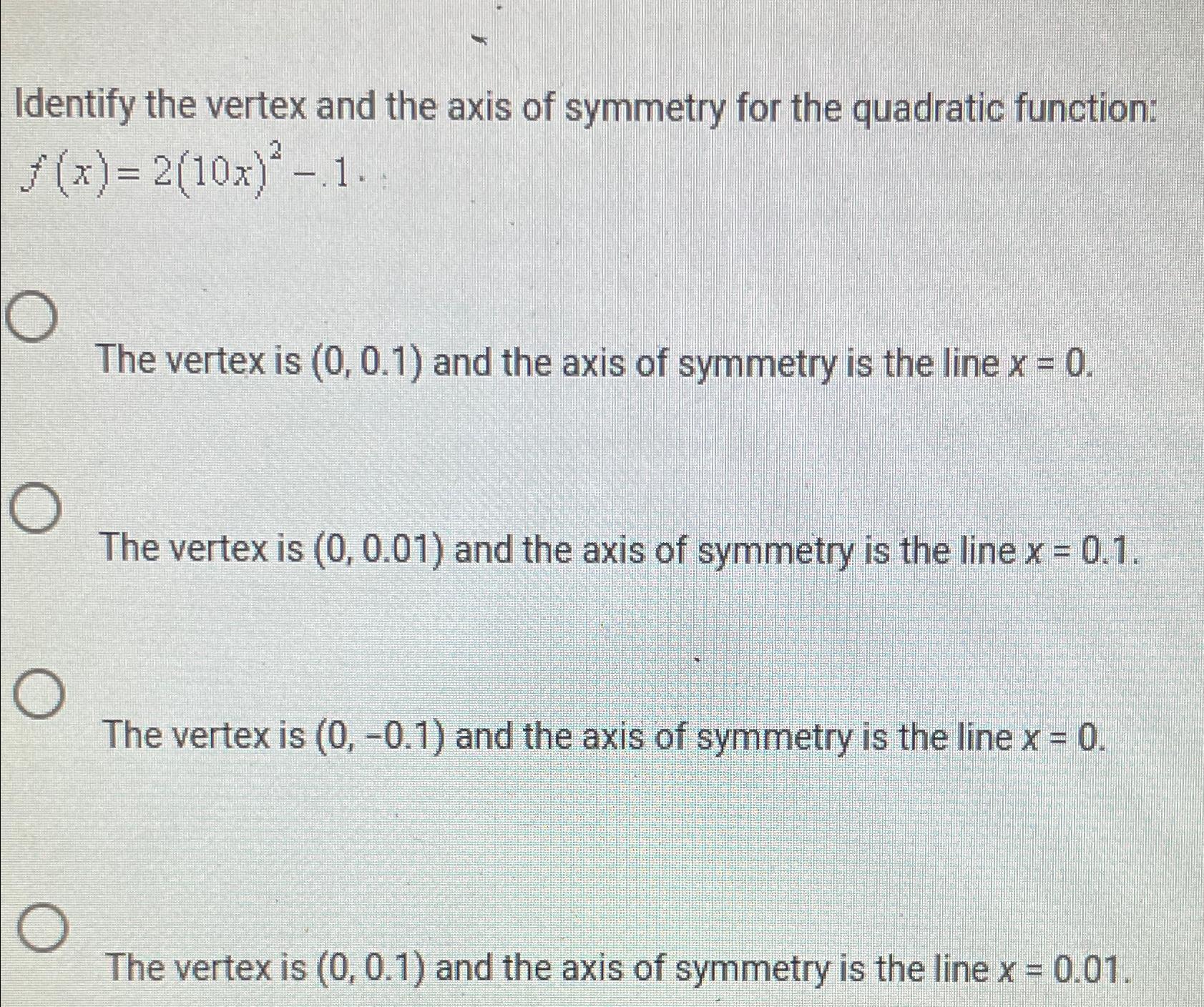 Solved Identify the vertex and the axis of symmetry for the | Chegg.com