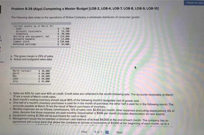 Solved Check my w Problem 8-29 (Algo) Completing a Master | Chegg.com