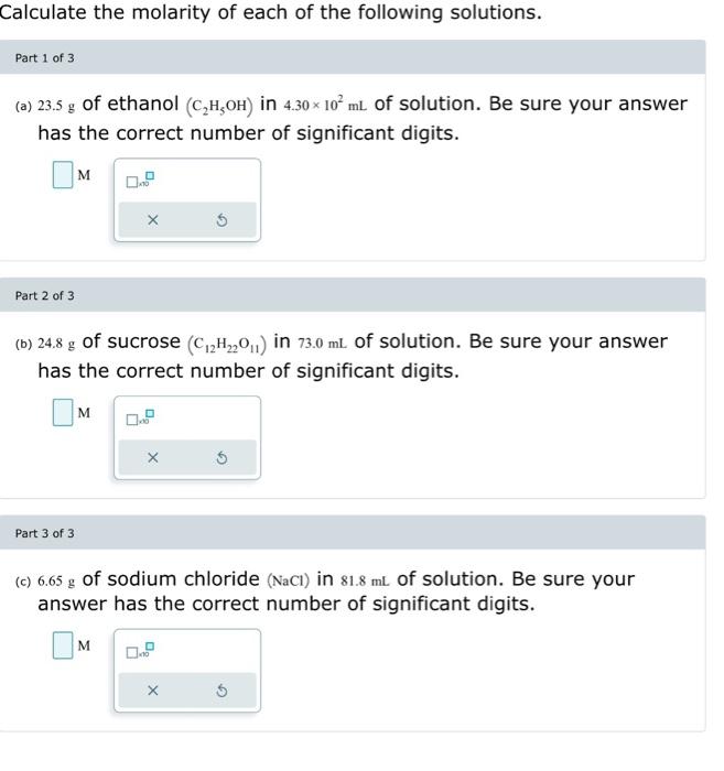 Solved Calculate the molarity of each of the following | Chegg.com