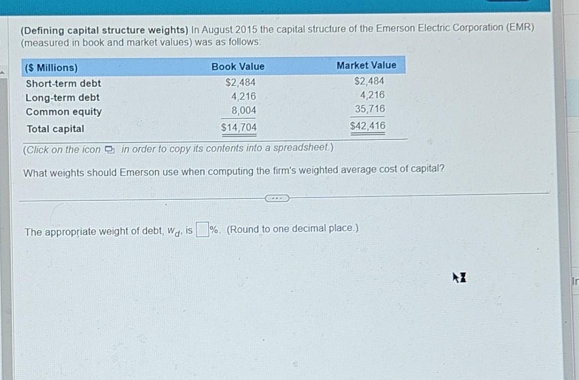 Solved (Defining capital structure weights) In August 2015 | Chegg.com