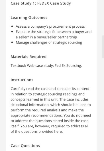 Case Study 1: FEDEX Case Study Learning Outcomes | Chegg.com