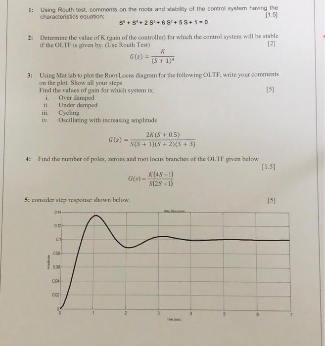 Solved 1: Using Routh test, comments on the roota and | Chegg.com