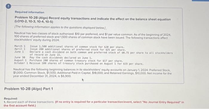 Solved Required information Problem 10-2B (Algo) Record | Chegg.com