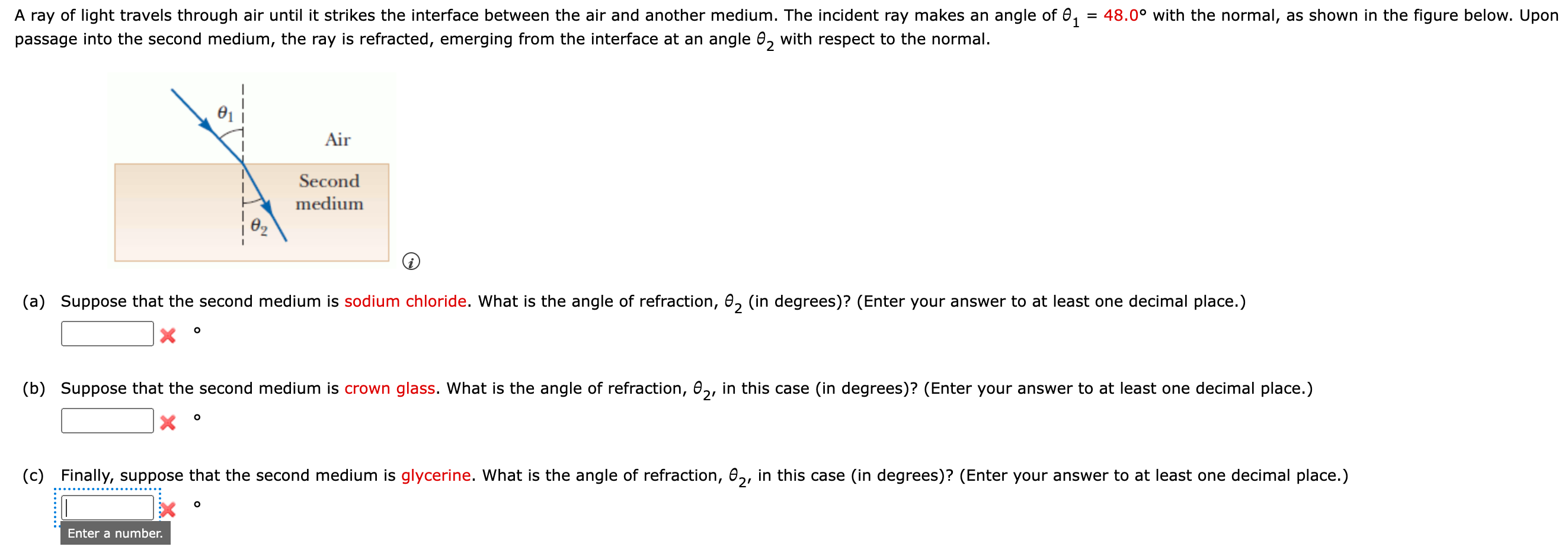 Solved A ray of ﻿light travels through air until it ﻿strikes | Chegg.com
