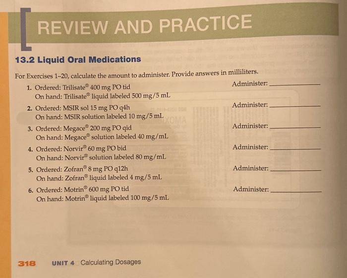 Solved 13.2 Liquid Oral Medications For Exercises 1-20, | Chegg.com