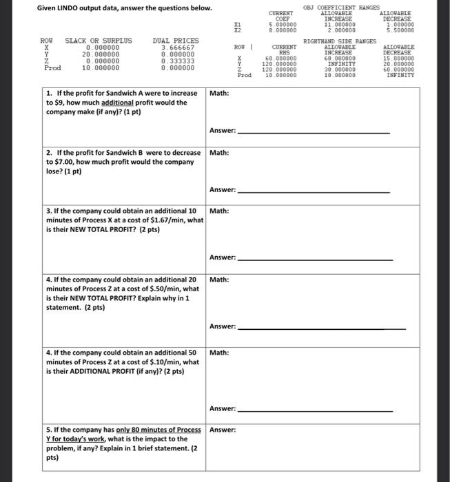 Solved Given LINDO output data, answer the questions below. | Chegg.com