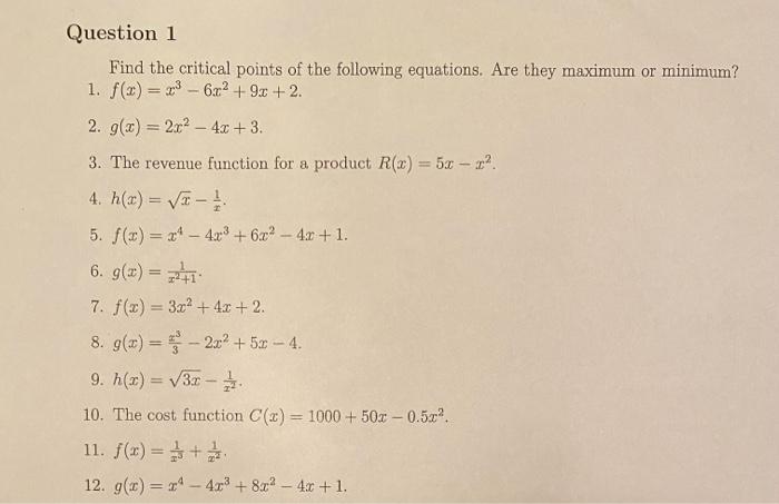 Solved Find the critical points of the following equations. | Chegg.com