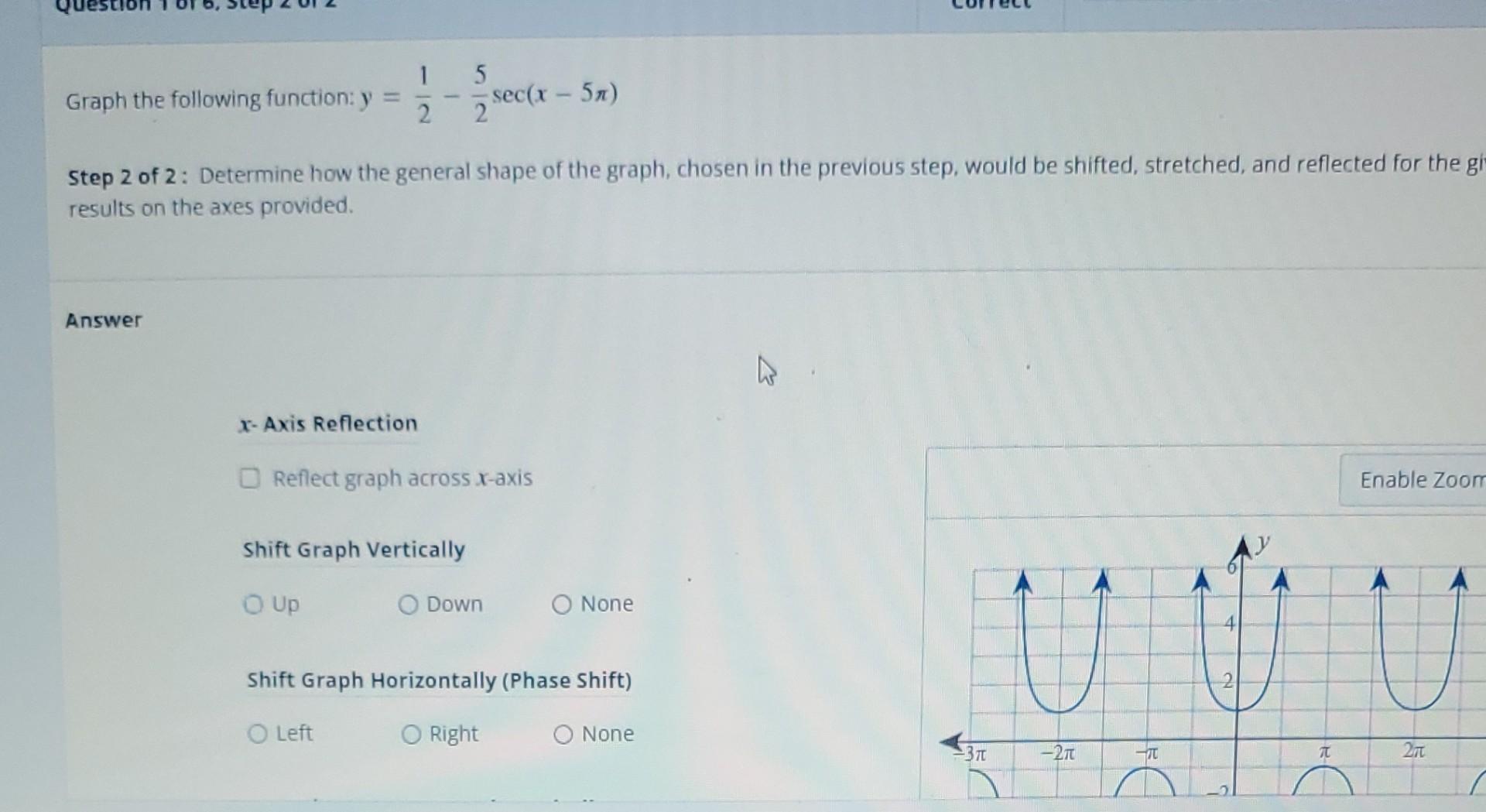 Solved Graph the following function: y=21−25sec(x−5π) Step 2 | Chegg.com