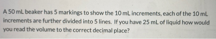 Solved A 50 ml beaker has 5 markings to show the 10 mL | Chegg.com