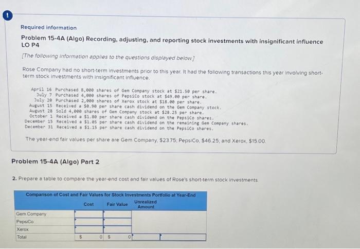 Solved Required information Problem 15.4A (Algo) Recording, | Chegg.com