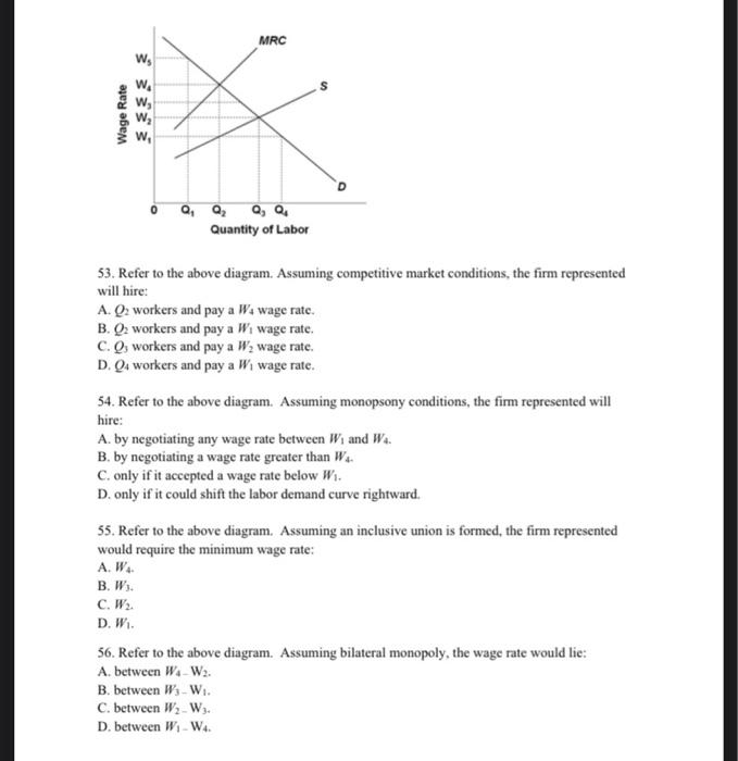 Solved MRC w Wage Rate w w W w Quantity of Labor 53. Refer | Chegg.com