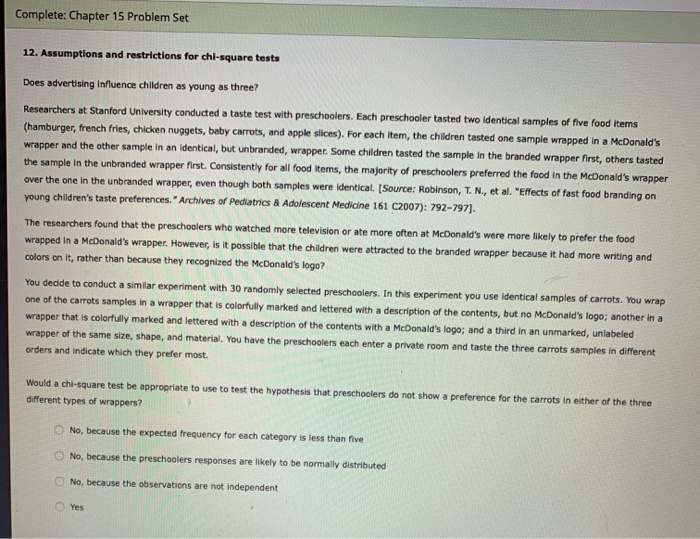 Solved Complete: Chapter 15 Problem Set 12. Assumptions and | Chegg.com