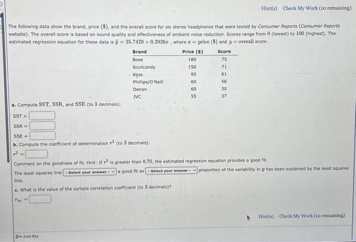 Solved Hint(s) Check My Work (10 remaining) The following | Chegg.com