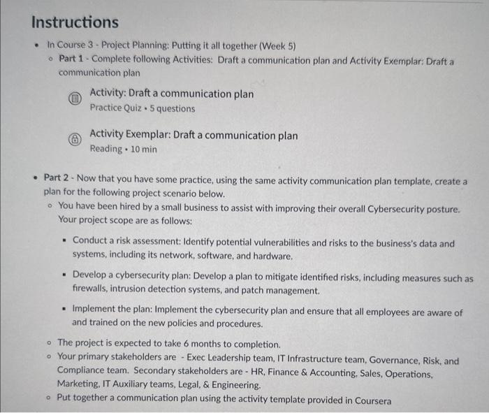 Solved Instructions - In Course 3 - Project Planning: | Chegg.com