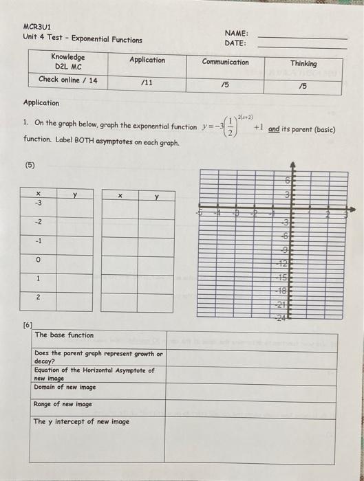 Solved MCR3U1 Unit 4 Test - Exponential Functions NAME: | Chegg.com