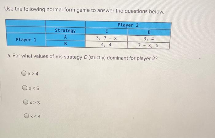 Solved Use the following normal-form game to answer the | Chegg.com