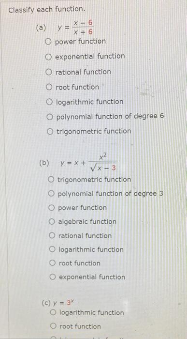 Solved Classify each function. V = * = 6 (a) X + 6 O power | Chegg.com
