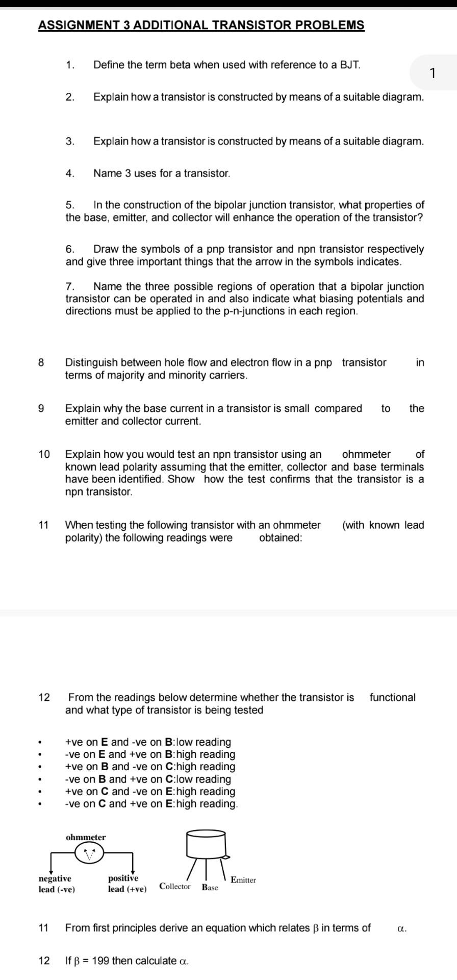 Solved ASSIGNMENT 3 ADDITIONAL TRANSISTOR PROBLEMS 1. Define | Chegg.com