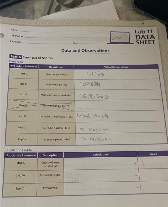 Solved Name Lab Partner Lab 11 DATA SHEET Lab Section Date | Chegg.com