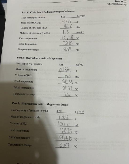 Solved Part 1: Citric Acid + Sodium Hydrogen Carbonate The | Chegg.com