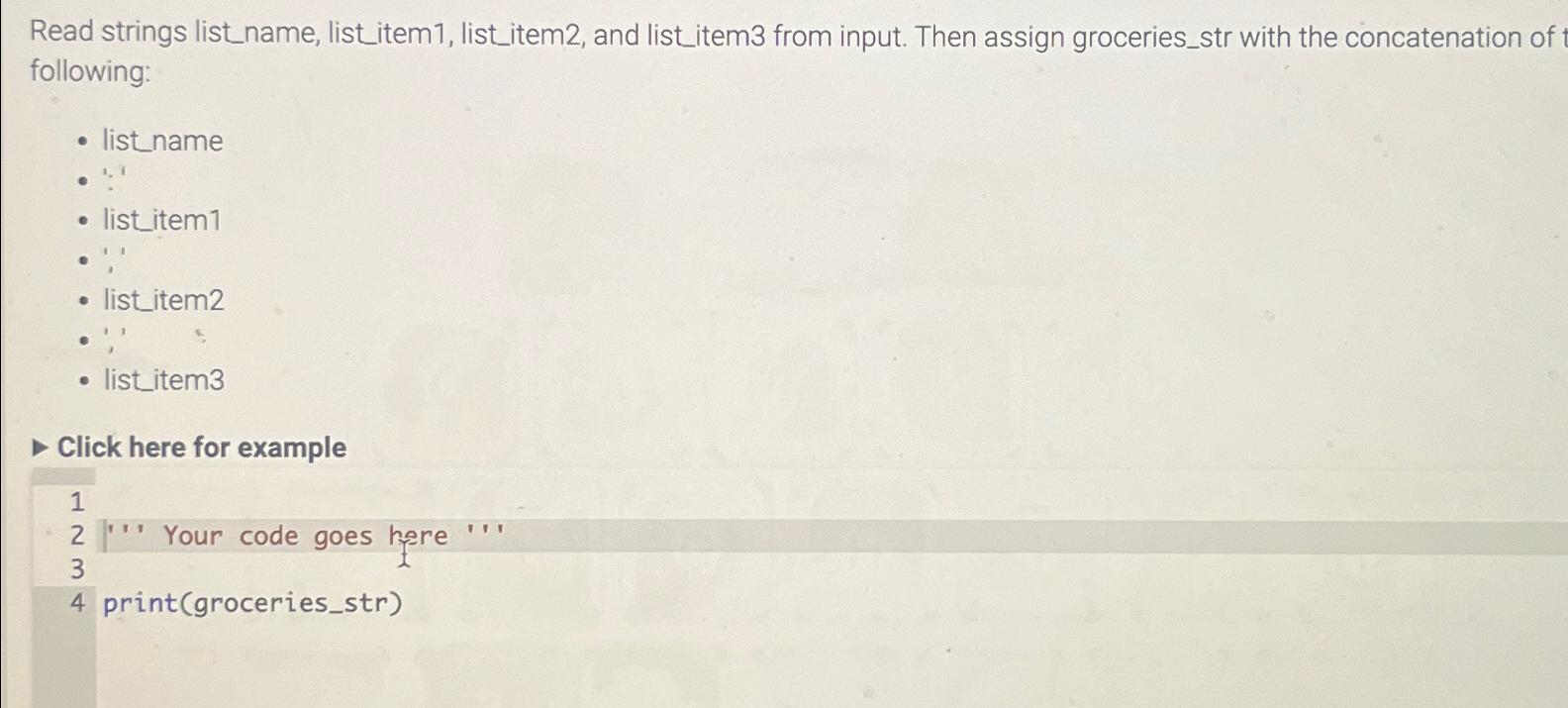 Solved Read strings list_name, list_item1, ﻿list_item2, ﻿and | Chegg.com