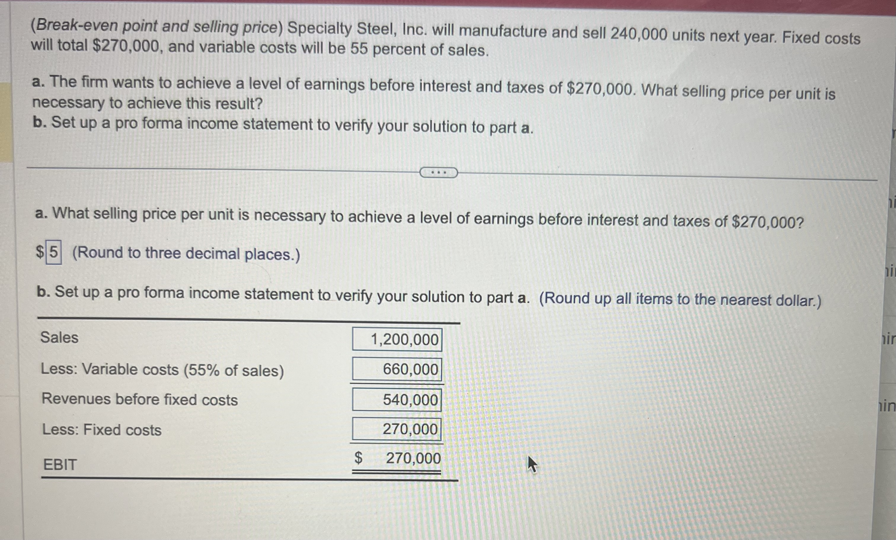 Solved (Break-even point and selling price) ﻿Specialty | Chegg.com