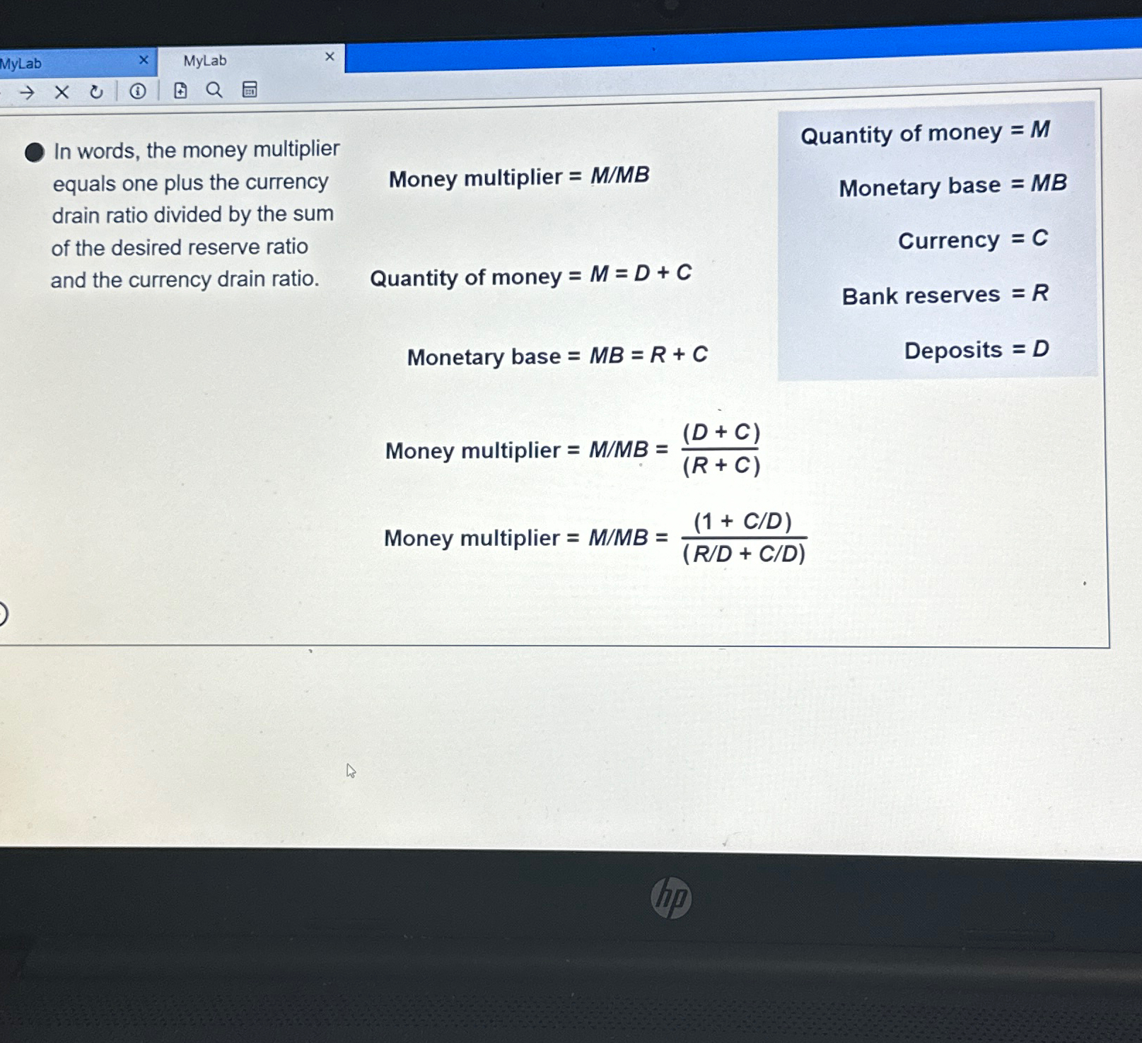 Solved MyLabMyLabxIn words, the money multiplier equals one | Chegg.com