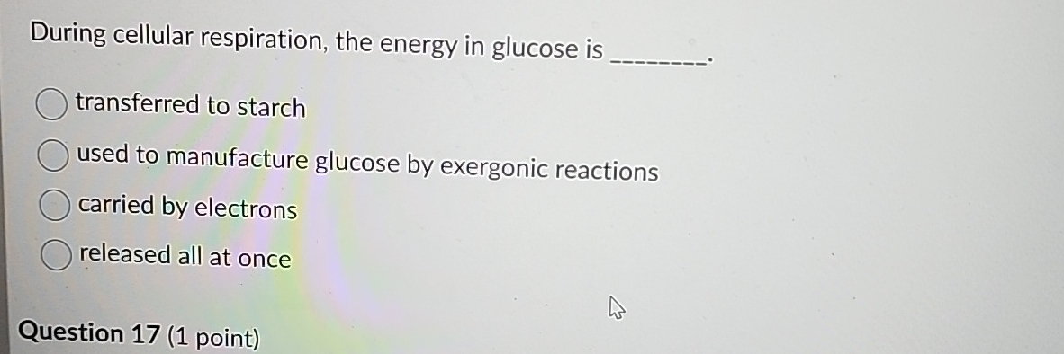 Solved During cellular respiration, the energy in glucose is | Chegg.com
