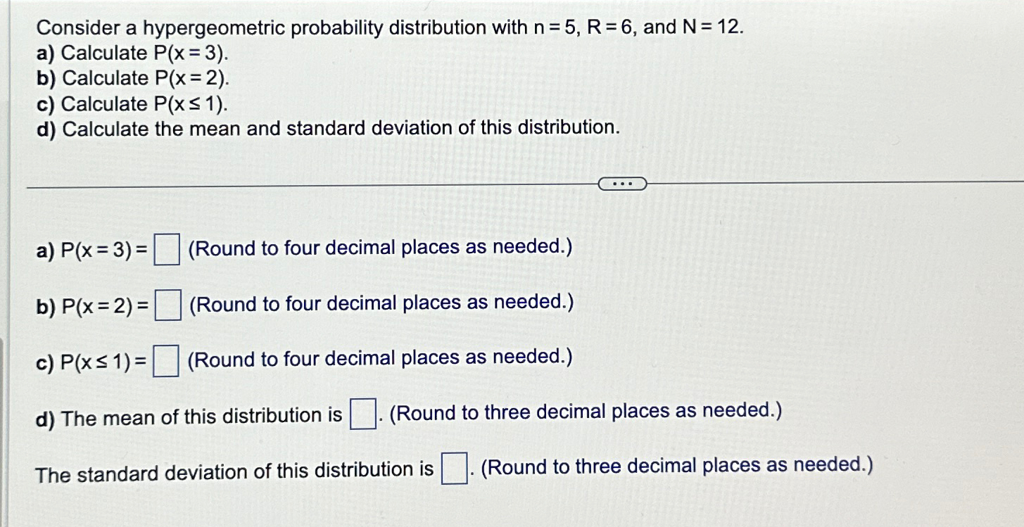 Solved Consider a hypergeometric probability distribution | Chegg.com