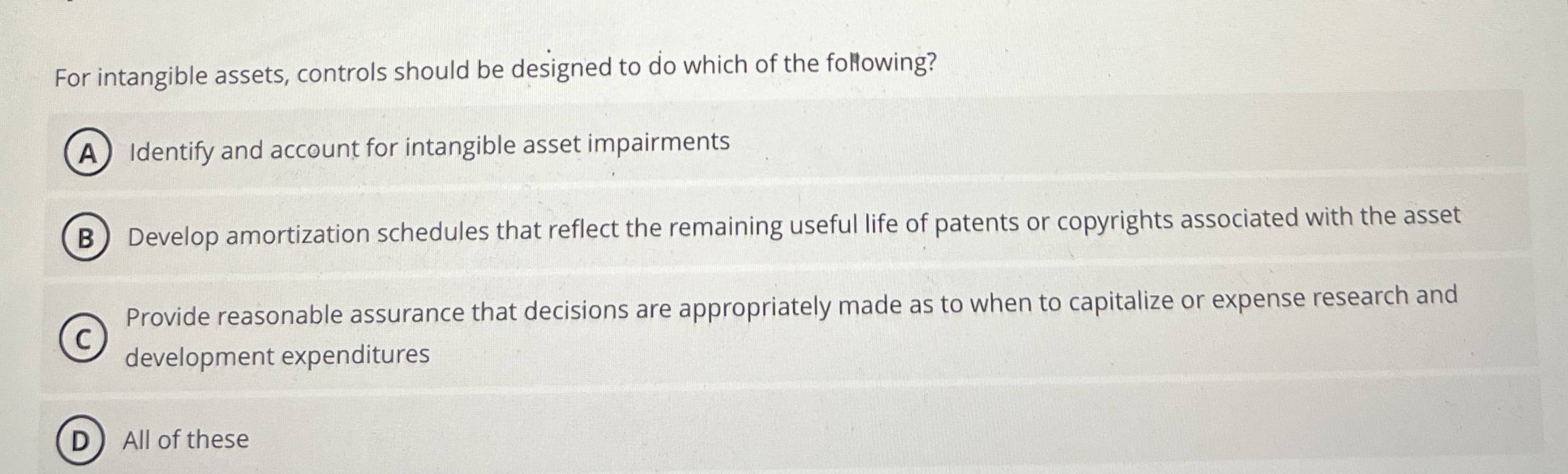 Solved For intangible assets, controls should be designed to | Chegg.com
