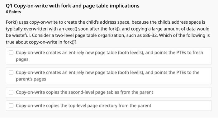Solved Q1 Copy-on-write with fork and page table | Chegg.com