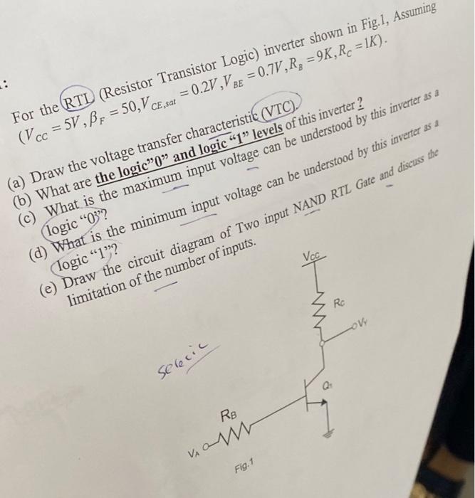 Solved For the RT T (Resistor Transistor Logic) inverter | Chegg.com