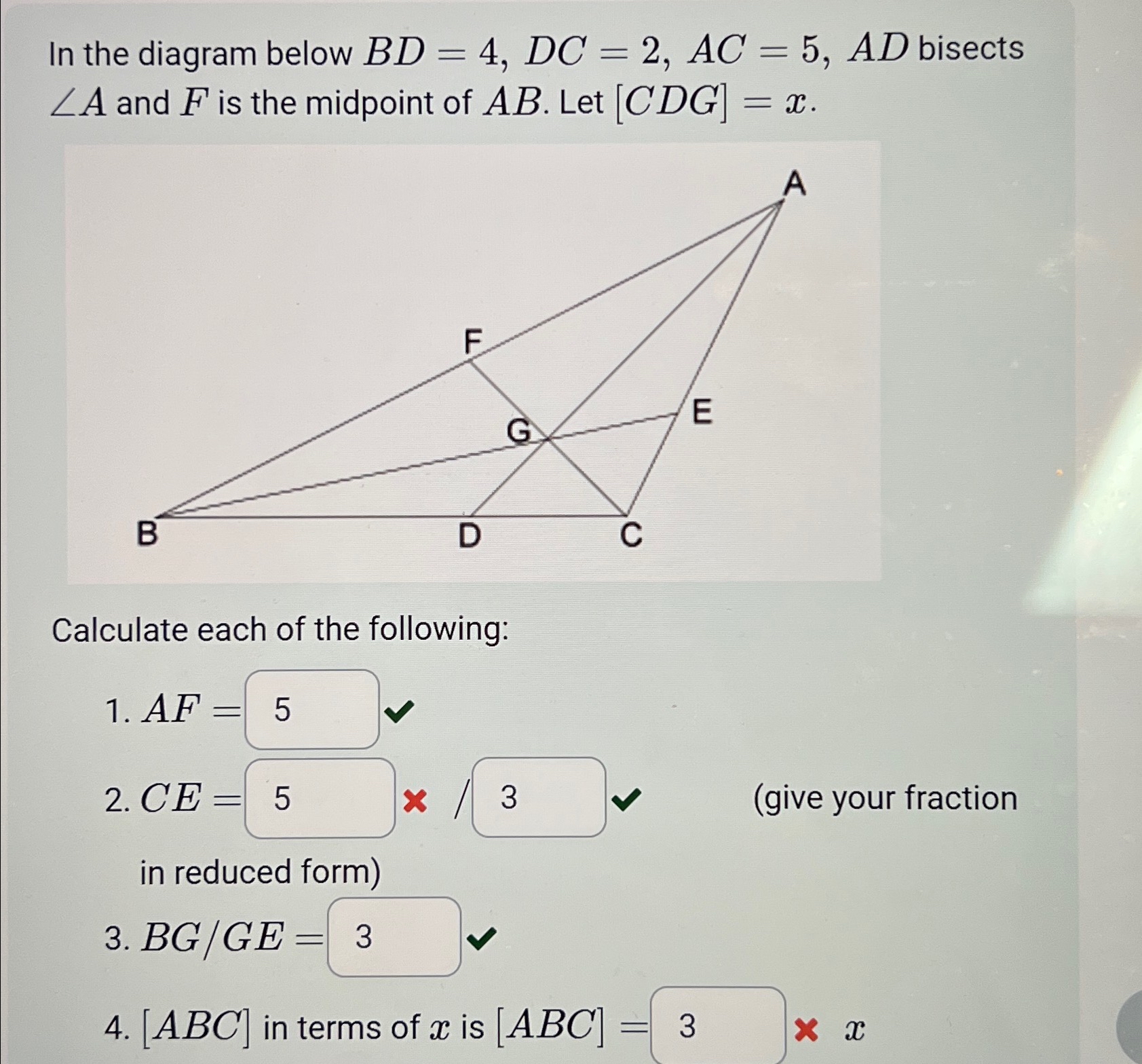 Solved In the diagram below BD=4,DC=2,AC=5,AD ﻿bisects ??A | Chegg.com