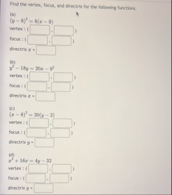 Find the vertex, focus, and directrix for the | Chegg.com