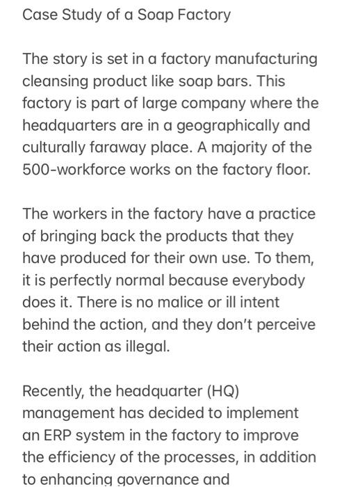 Case Study of a Soap Factory The story is set in a | Chegg.com
