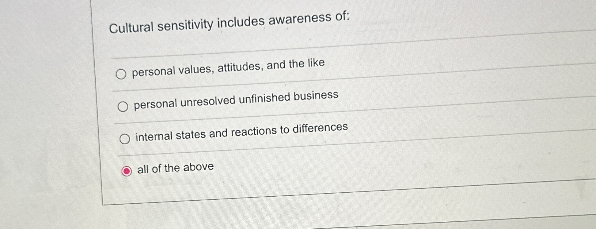 Solved Cultural sensitivity includes awareness of:personal | Chegg.com