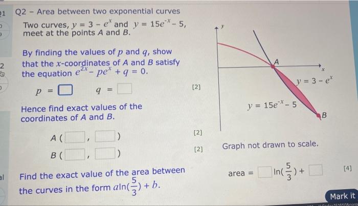 Solved 1 Q2 - Area between two exponential curves Two | Chegg.com