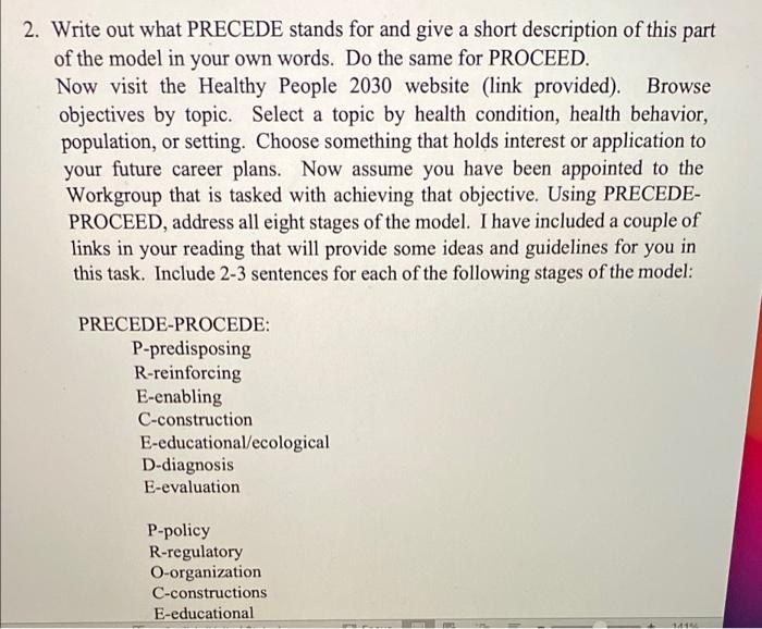 Solved 2. Write out what PRECEDE stands for and give a short | Chegg.com