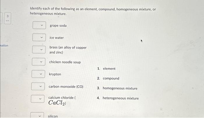 Solved 1 tion Identify each of the following as an element, | Chegg.com