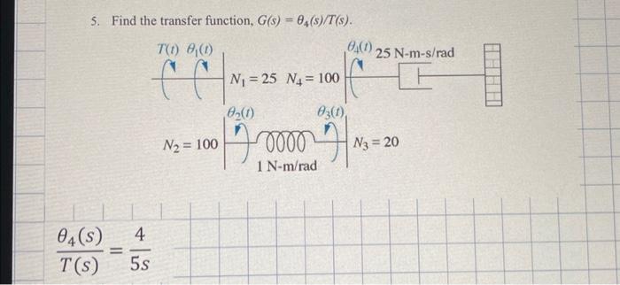 Solved 5. Find the transfer function, G(s)=θ4(s)/T(s). | Chegg.com