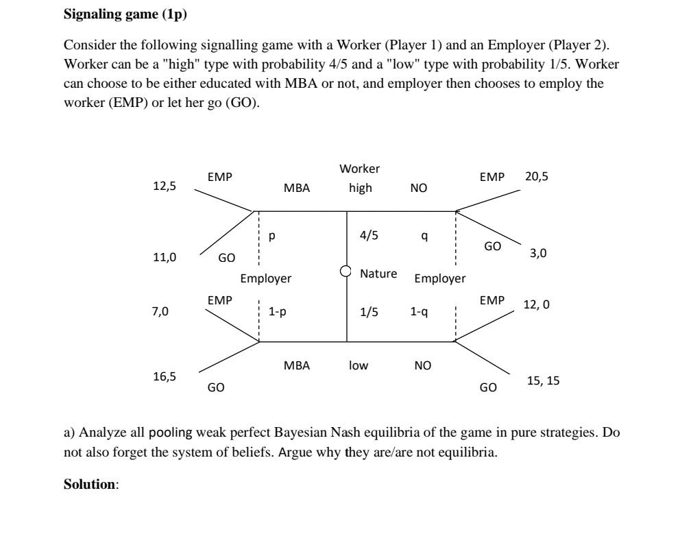 Solved Signaling game (1p) Consider the following signalling | Chegg.com