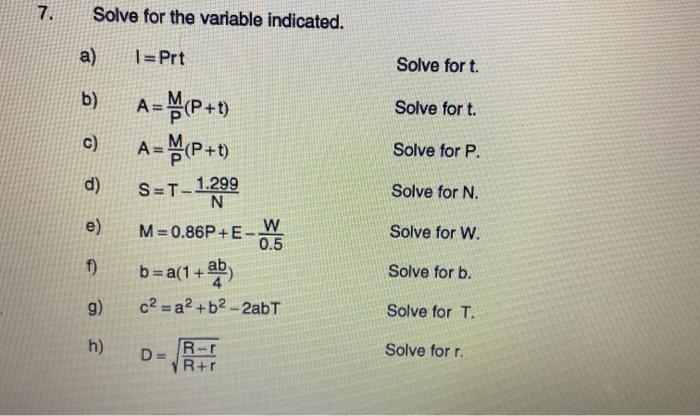 Solved 7. Solve for the variable indicated. a) 1 = Prt Solve | Chegg.com