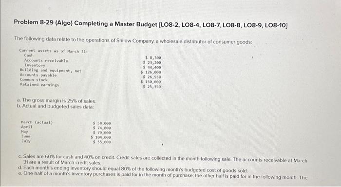 Problem 8-29 (Algo) Completing a Master Budget | Chegg.com