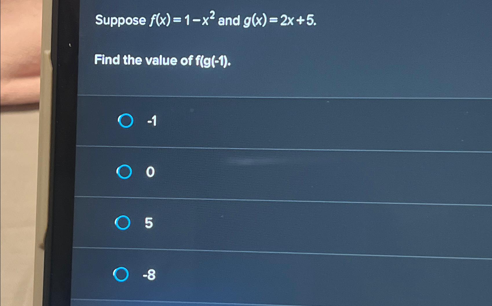 Solved Suppose f(x)=1-x2 ﻿and g(x)=2x+5Find the value of | Chegg.com