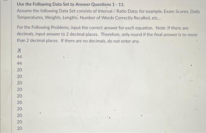 Solved Use the Following Data Set to Answer Questions 1-11. | Chegg.com