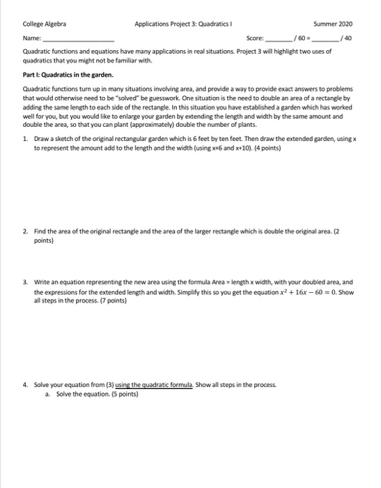 Solved / 60 / 40 College Algebra Applications Project 3: | Chegg.com
